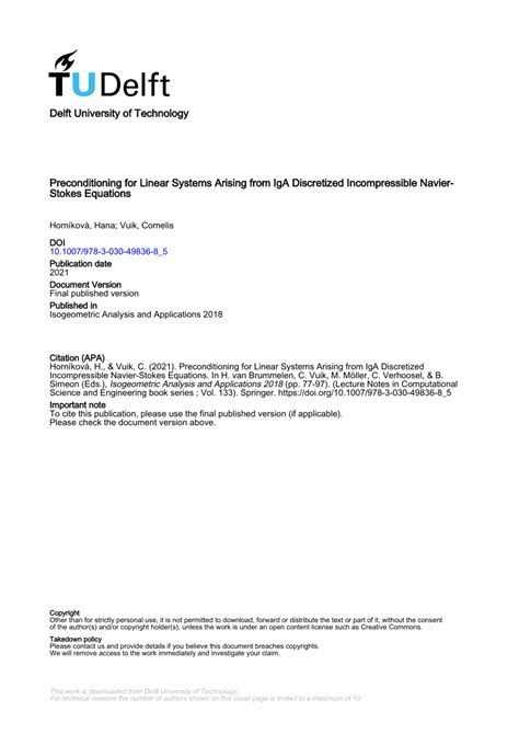 Pdf Preconditioning For Linear Systems Arising From Iga Discretized Incompressible Navier