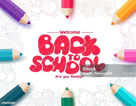 학교 텍스트 벡터 템플릿 디자인으로 돌아 가기 그리기 쓰기 및 색칠을 위한 다채로운 색연필로 학교 인사말에 오신 것을 환영합니다 0명에 대한 스톡 벡터 아트 및 기타 이미지