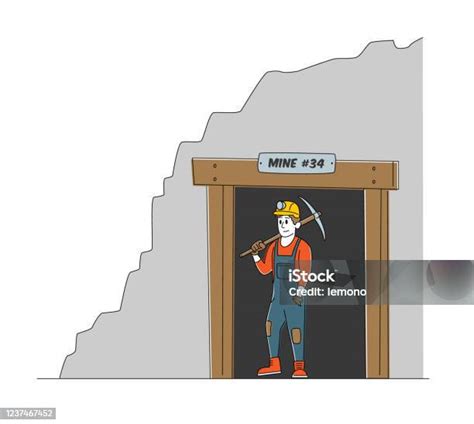 어깨에 곡괭이를 들고 유니폼과 헬멧 출구 석탄 광산 채석장에서 광산 노동자 직장에서 남성 광부 캐릭터 추출 산업 직업 작업 직업 선형 벡터 일러스트레이션 석탄 광산에 대한