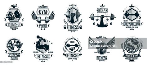 피트니스 스포츠 엠블럼 로고 또는 바벨 아령 케틀벨과 근육 남자 실루엣 벡터 세트 운동 운동 활성 라이프 스타일 테마 스포츠 클럽 또는 대회 상 포스터