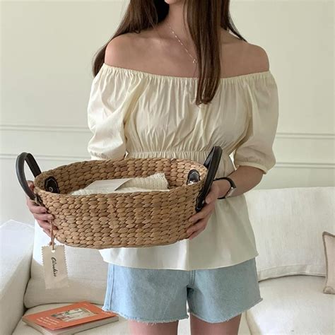 여자 오프숄더 벌룬 소매 투웨이 셔링 반팔 블라우스