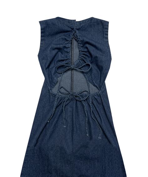 [유니크 레이어드] 백 트임 리본 스트랩 서클 데님 청 롱 원피스 에이블리