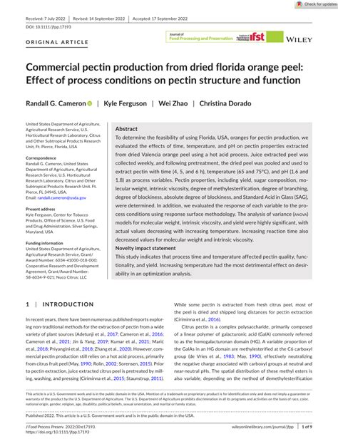 Pdf Commercial Pectin Production From Dried Florida Orange Peel