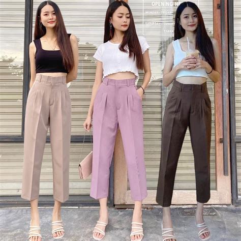 กางเกงเอวสูงทรงบอย8ส่วนผ้าเปเป้38” Shopee Thailand