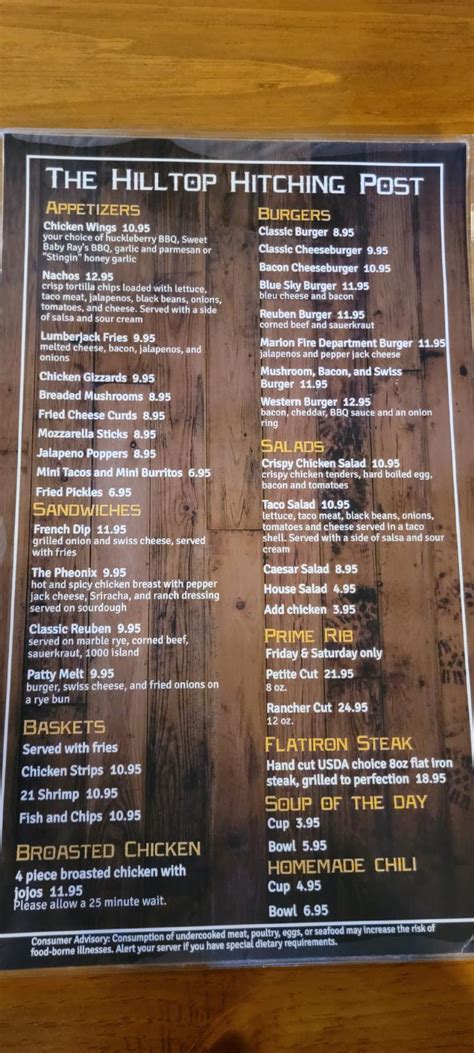 Menu At Hilltop Hitching Post Pub And Bar Marion