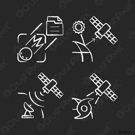 Climate Monitoring Satellites Chalk White Icons Set On Dark Background Stock Vector 4198416