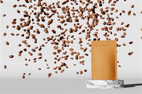 종이 파우치 가방 모형 떨어지는 커피 콩 대리석 연단 흰색 배경 3d 렌더링 상품 광고 포장 가방에 대한 스톡 사진 및 기타 이미지 Istock