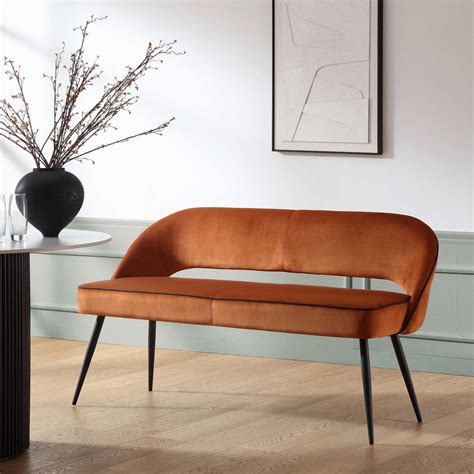 Oakley Orange Velvet Upholstered 3 Seater Dining Bench With Contrast P