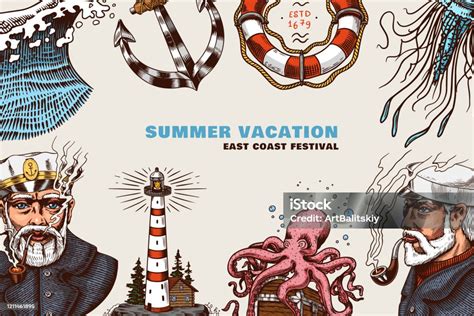 바다 포스터 해상 배너 또는 배경 등대 인어 및 해양 선장 문어 및 운송 항해 오래된 선원 파도 선원 및 구명 부표 손으로 그린 오래된 스케치 개체 그룹에 대한 스톡 벡터