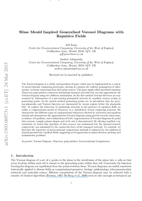 Pdf Slime Mould Inspired Generalised Voronoi Diagrams With Repulsive Fields