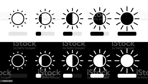 밝기 제어 아이콘 모음입니다 다양한 수준의 밝기 화면 밝기 및 대비 수준 설정 아이콘입니다 야간 또는 주간 모드 벡터 그림입니다 아이콘에 대한 스톡 벡터 아트 및 기타