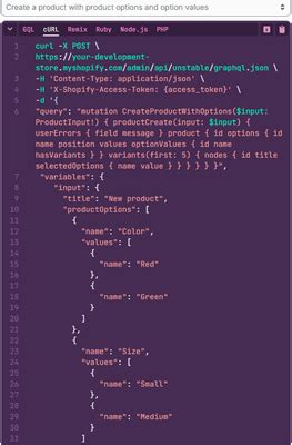 Shopify GraphQL Create Product With Mutation CreateProductWithOptions