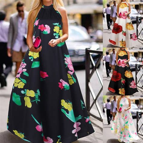 Women Floral Print Long Dress Bohemian Sleeveless Halter Neck Party