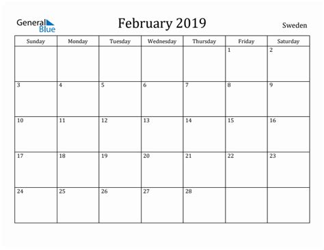 February 2019 Monthly Calendars With Sweden Holidays