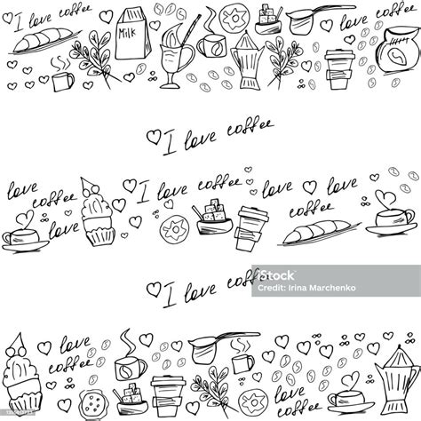 뜨거운 커피 한 잔 주전자 콩 설탕 쿠키 우유 크루아상 도넛 개체 그룹에 대한 스톡 벡터 아트 및 기타 이미지 개체 그룹