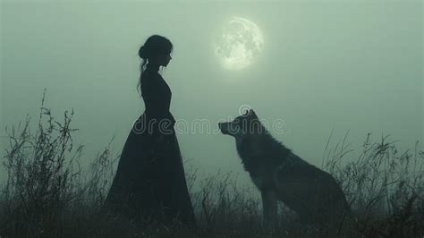 Female Silhouette Stands Facing Wolf Silhouette Both Outlined Mist