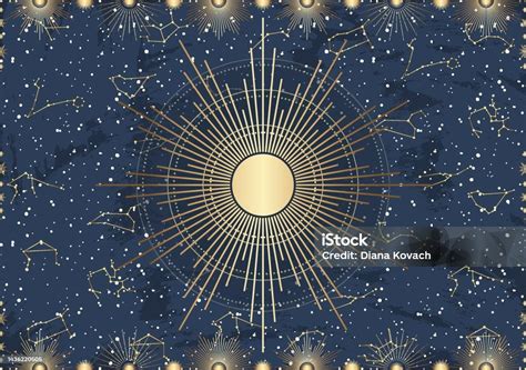 황금 태양 일광욕 광선 별의 손으로 그린 카드 별자리 천상의 공간 조디악 별자리 기호 별 점성술 점성술 기호 아이콘 마법의 우주 은하 벡터 스케치 일러스트 레이 션