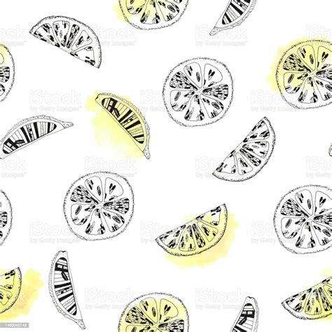 그래픽 손으로 그린 레몬 과일의 매끄러운 패턴과 나뭇잎 장식 섬유 직물 카드 배너 아이콘 포스터를위한 디자인 0명에 대한 스톡 벡터 아트 및 기타 이미지 Istock