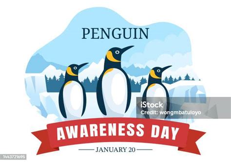 1월 20일 해피 펭귄 인식의 날은 평평한 만화 손으로 그린 템플릿 일러스트레이션에서 펭귄 개체수와 자연 서식지를 유지하기 위해 1월에 대한 스톡 벡터 아트 및 기타 이미지