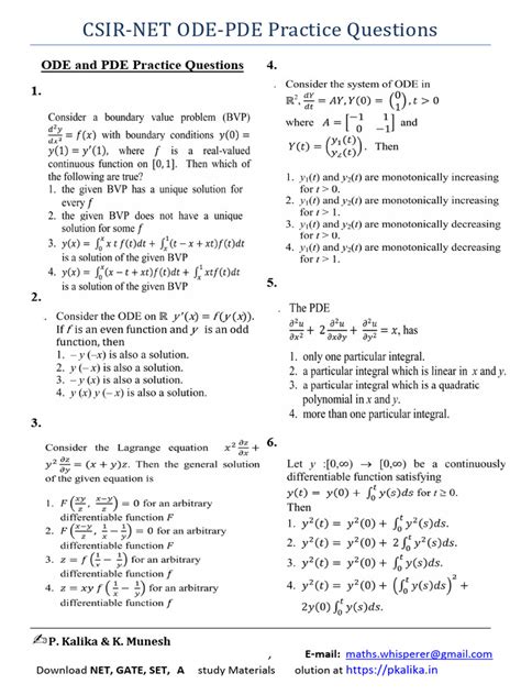 Ode Pde Practice Set Kalika20pages Pdf Partial Differential Equation Ordinary Differential