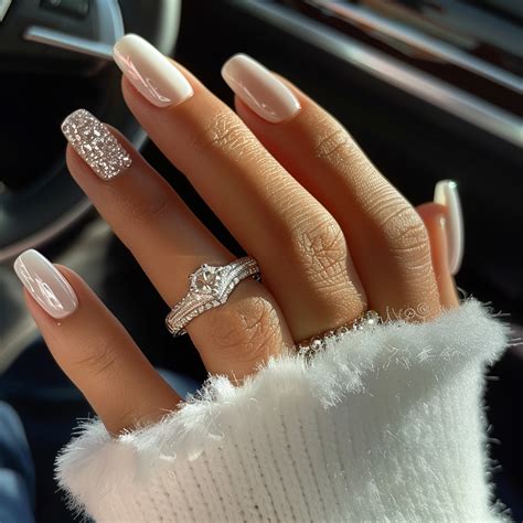 Chic Winter Nails Long White Acrylic Gel Nails With Sparkle And Diamond