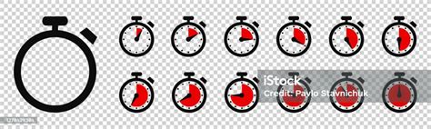 타이머 시계 스톱워치 는 서로 다른 시간으로 격리된 세트 아이콘을 중지합니다 카운트다운 타이머 기호 아이콘 세트입니다 빨간색 으로 칠한 시간 의미와 스포츠 시계 라벨 요리