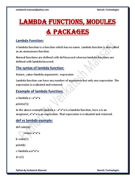 Lambda Functions Modules And Packages Pdf Anonymous Function Parameter Computer Programming