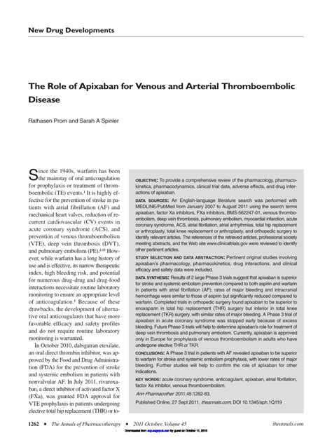 Pdf The Role Of Apixaban For Venous And Arterial Thromboembolic Disease