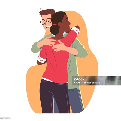 행복한 백인 남자 아프리카 계 미국인 여성 다인종 커플 사랑 또는 친구 포옹 함께 만나는 가족들 로맨스 관계 우정 플랫 벡터 일러스트 안기에 대한 스톡 벡터 아트 및 기타