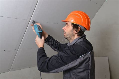 Man Installing Drywall Stock Image Image Of Decor Design