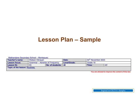 Ppp Lesson Plan Samplepdf Taught At Unirovuma University Ppt