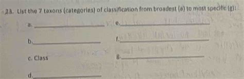 solved list the 7 taxons categories of classification from broadest