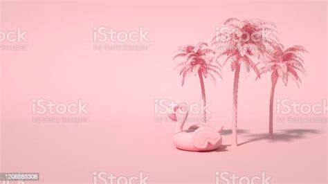 분홍색 색상 배경에 풍선 플라밍고와 열대 야자수 최소한의 여름과 여행 개념 0명에 대한 스톡 사진 및 기타 이미지 0명 3차원 형태 공기 주입 Istock
