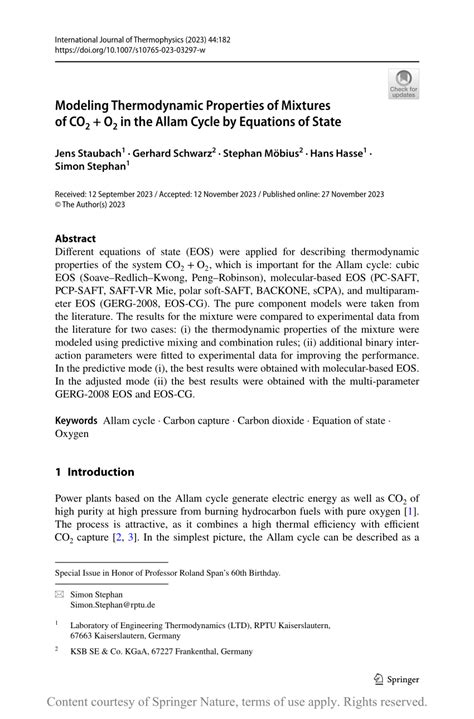 Pdf Modeling Thermodynamic Properties Of Mixtures Of Co2 O2 In The Allam Cycle By Equations