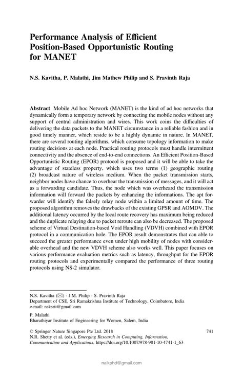 Pdf Performance Analysis Of Efficient Position Based Opportunistic Routing For Manet