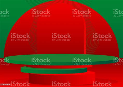 녹색과 빨간색 제품 디스플레이 추상 모형 벡터 3d 룸 미래형 실린더 받침대 연단 프레젠테이션을 위한 공상 과학 최소 무대