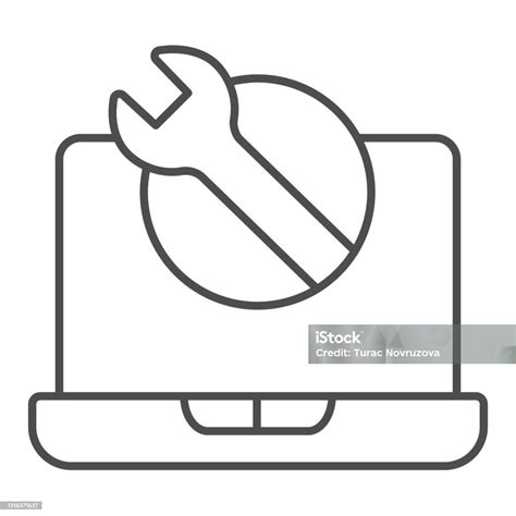 렌치 씬 라인 아이콘 Pcrepair 개념 흰색 배경에 노트북 벡터 기호 노트북 노트북 및 렌치 윤곽 스타일 모바일 개념 및 웹