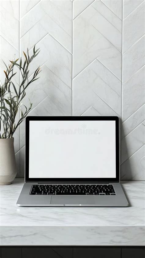 Laptop With White Blank Screen Putting On Modern White Ceramic Tile