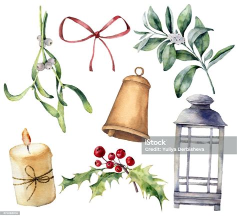 식물과 열매와 수채화 크리스마스 장식입니다 손으로 그린 유 칼 리 나무 Snowberry 벨 붉은 나비 촛불 미 슬 토 랜 턴 홀리 흰색 배경에 고립 디자인에 대 한
