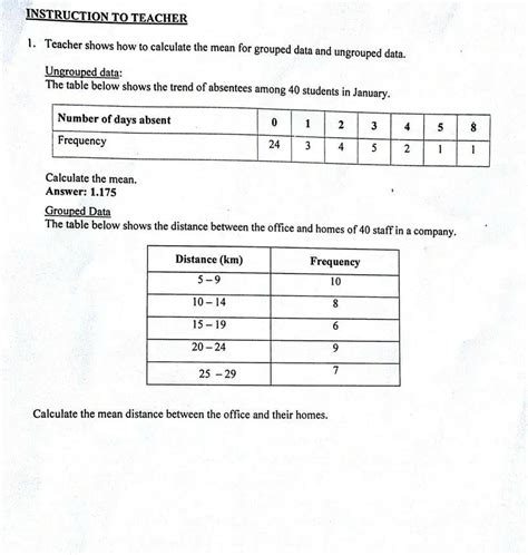 INSTRUCTION TO TEACHER Teacher Shows How To Calculate The Mean For Grouped Data And Ungrouped