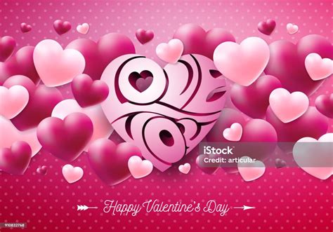 해피 발렌타인 반짝 핑크 바탕에 붉은 마음으로 디자인 결혼식과 인사말 카드 파티 초대장 또는 프로 모션 배너에 대 한 사랑 테마 그림 벡터 0명에 대한 스톡 벡터 아트 및