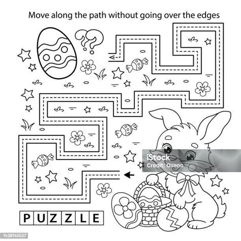 필기 연습 시트 간단한 교육 게임 또는 미로 색칠하기 개요 계란과 과자를 가진 만화 귀여운 부활절 토끼 아이들을위한 색칠하기 책 색칠하기에 대한 스톡 벡터 아트 및 기타