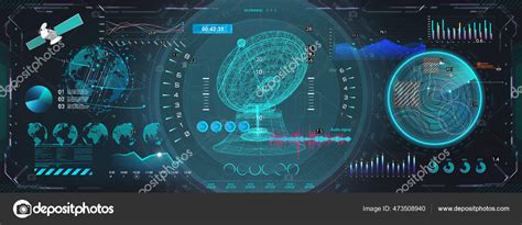 Hud 인터페이스 디스플레이가 장착 된 우주 안테나 3d 객체가 있는 Sci Fi 대시보드 위성 지구본 안테나 그리고 Hud Ui 가 있는 미래 사용자 인터페이스