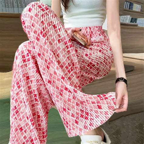 캐주얼 플리츠 아이스 실크 와이드 레그 팬츠 하이 웨이스트 드레이프 스트레이트 걸레 바지 여성용 핑크 시원한 팬츠 여름 Aliexpress