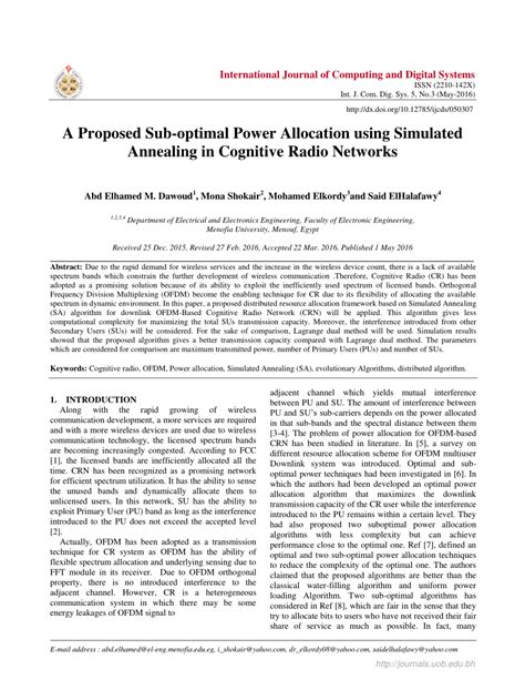 Pdf A Proposed Sub Optimal Power Allocation Using Simulated Annealing In Cognitive Radio Networks