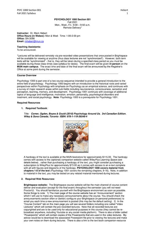 Psyc 1000 Section 001 Fall 2021 Syllabus Fall 2021 Syllabus 1 Psychology 1000 Section 001 Fall