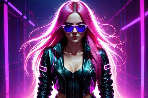 Premium Ai Image Woman With Pink Long Hair Wearing A Neon Glasses Cyberpunk Lighting Glow Gen Ai