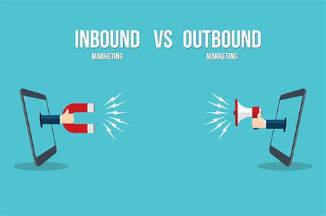 자석과 메가폰 벡터 일러스트가 있는 인바운드 마케팅 및 아웃바운드 마케팅 배너 개념에 대한 스톡 벡터 아트 및 기타 이미지 개념 개발 검색 엔진 Istock