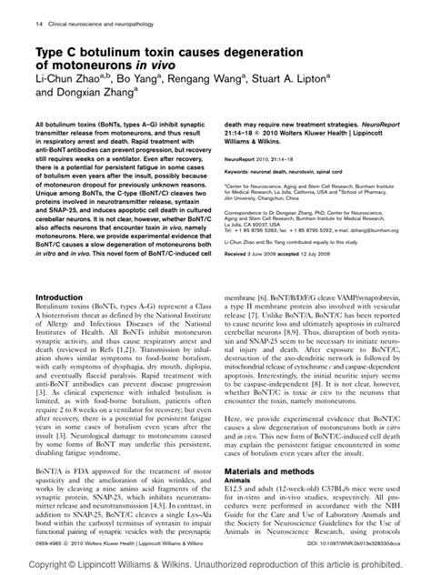 Type C Botulinum Toxin Causes Degeneration Zhao2010 Pdf Motor Neuron Botulinum Toxin
