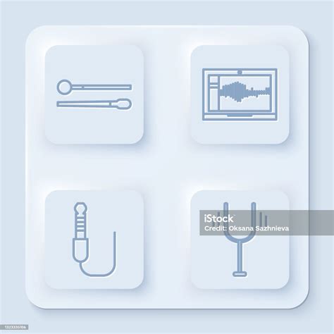 랩톱 오디오 잭 및 음악 튜닝 포크에 라인 드럼 스틱 사운드 또는 오디오 레코더를 설정합니다 흰색 정사각형 버튼 벡터 끈적거리는에 대한 스톡 벡터 아트 및 기타 이미지